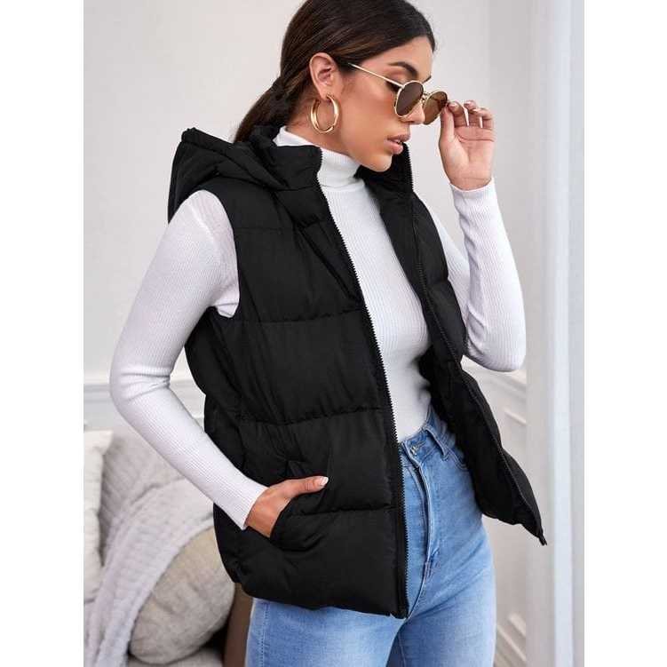 Jual ROMPI/VEST HOODIE PUFFER WANITA TEBAL | Shopee Indonesia