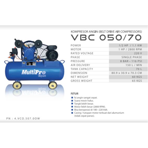 Jual Kompresor Angin Udara 70L MULTIPRO VBC050/70 1/2Hp Elektromotor ...