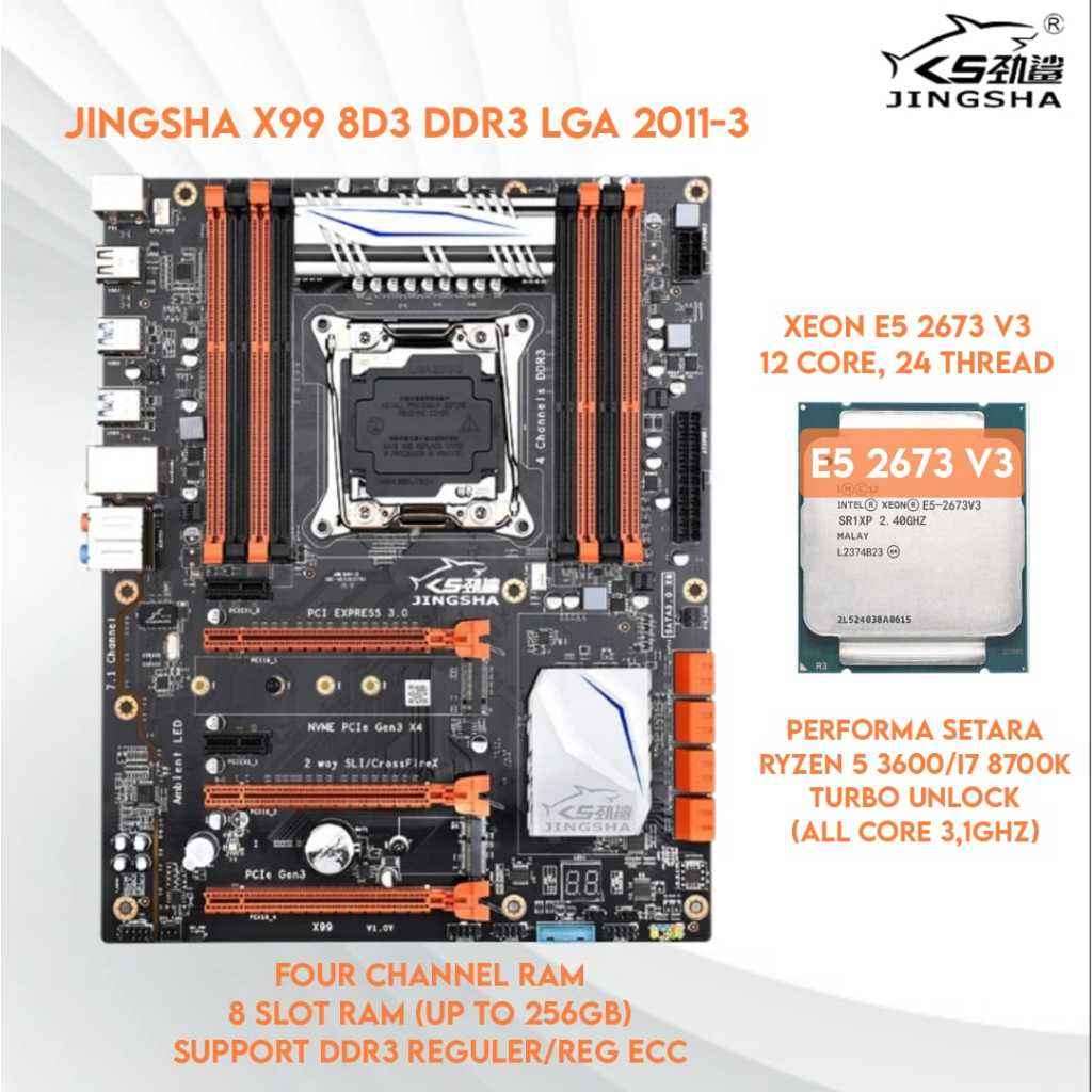 Jual JINGSHA X99 8D3 LGA 2011-3 DDR3 + Xeon E5 V3 | Shopee Indonesia