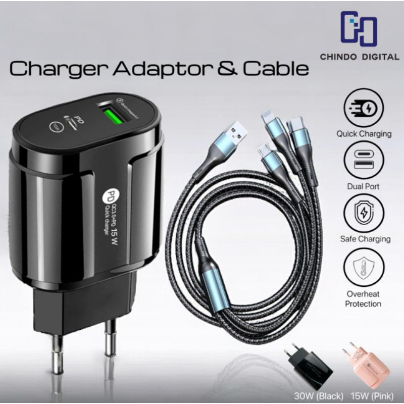 Jual Fullset 2 Port Adaptor Fast Charger with 3in1 Cable Type C Micro ...