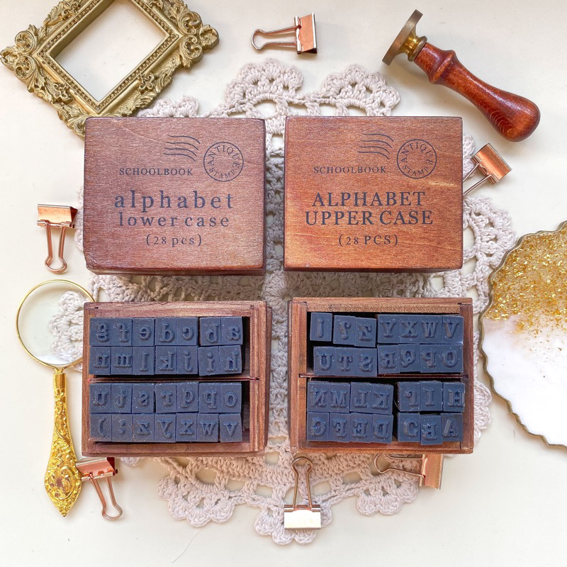 Jual 28pcs Stempel huruf Vintage wooden box alphabet number stamp cap ...