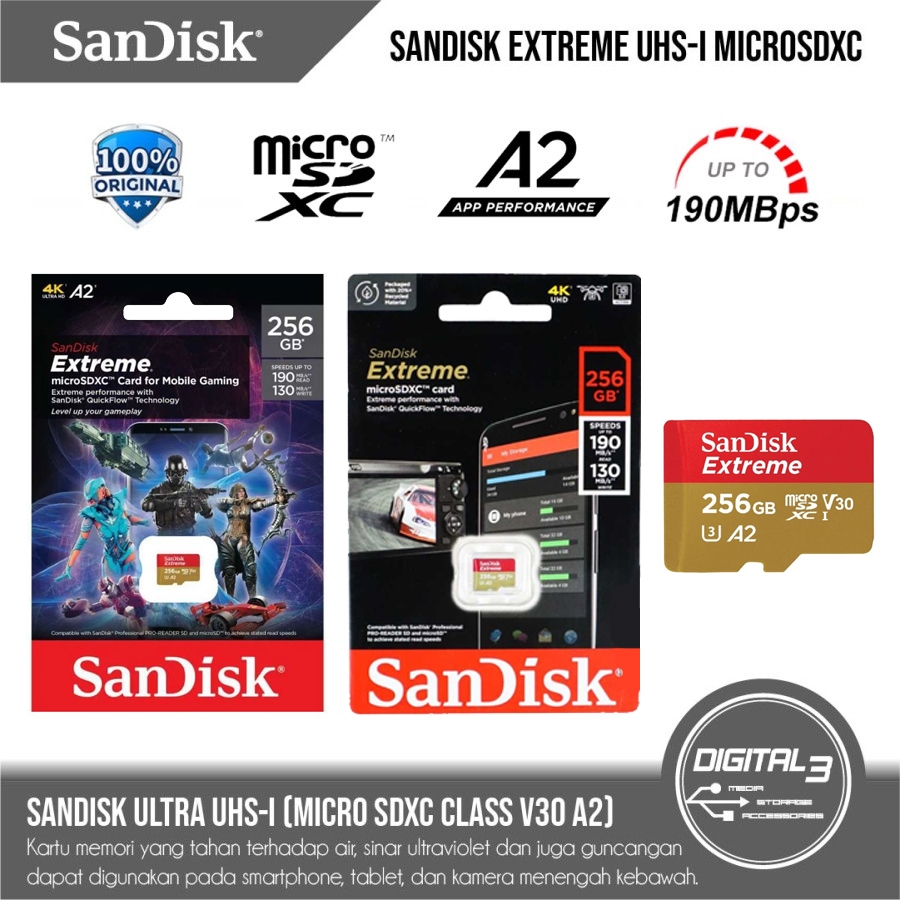 Jual Sandisk Extreme Micro SD 256GB 190MB/s MicroSDXC 256 GB UHS-I A2 | Shopee Indonesia