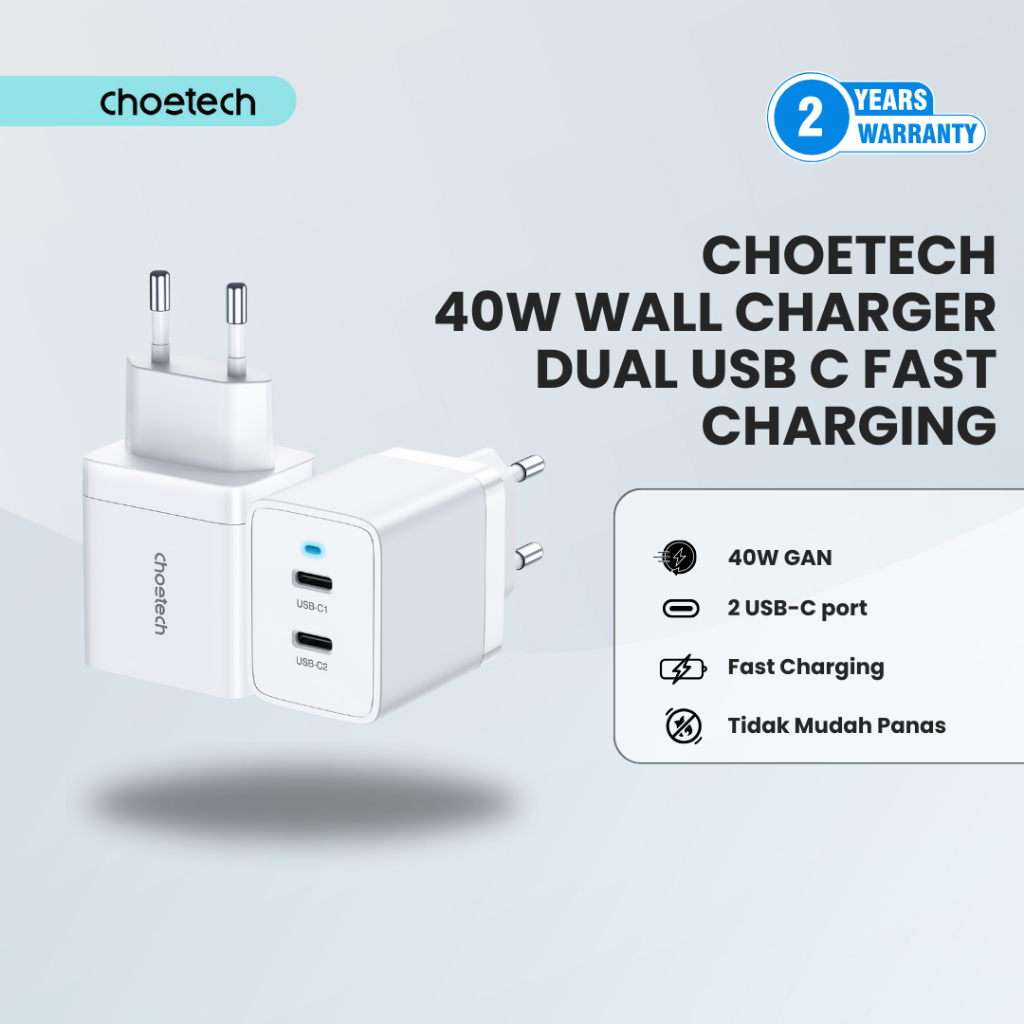 Jual CHOETECH Q5006 Dual USB-C Wall Charger 40W | PD 20W + 20W | Fast ...