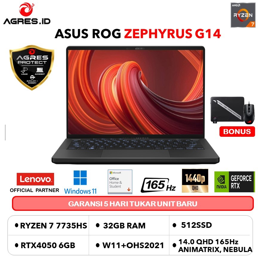 Jual ASUS ROG ZEPHYRUS G14 GA402NU RYZEN 7 7735HS RTX4050 6GB/ 32GB ...