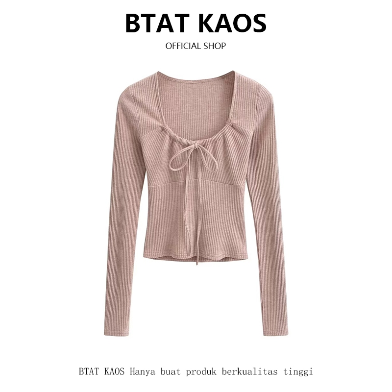 Jual BTAT Crop Top Serut / Kaos Rajut Lengan Panjang Kerah Persegi Pink ...