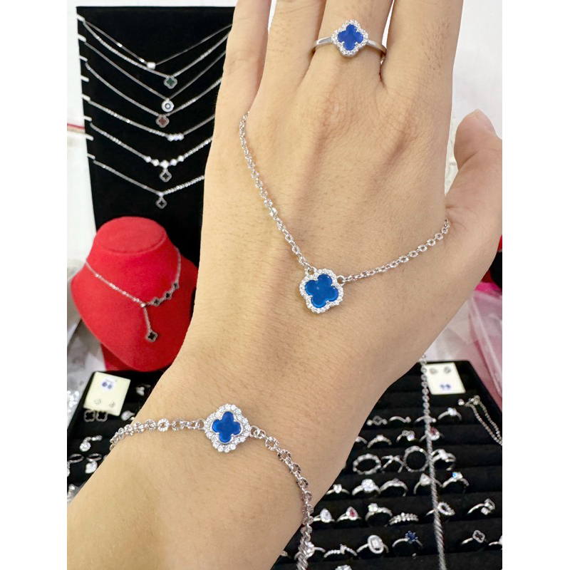 Jual Set Clover Biru Perak 925 Lapis Mas Putih | Shopee Indonesia