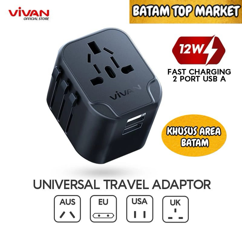 Jual VIVAN UNIVERSAL TRAVEL ADAPTOR 12W FAST CHARGING 2 PORT USB ...