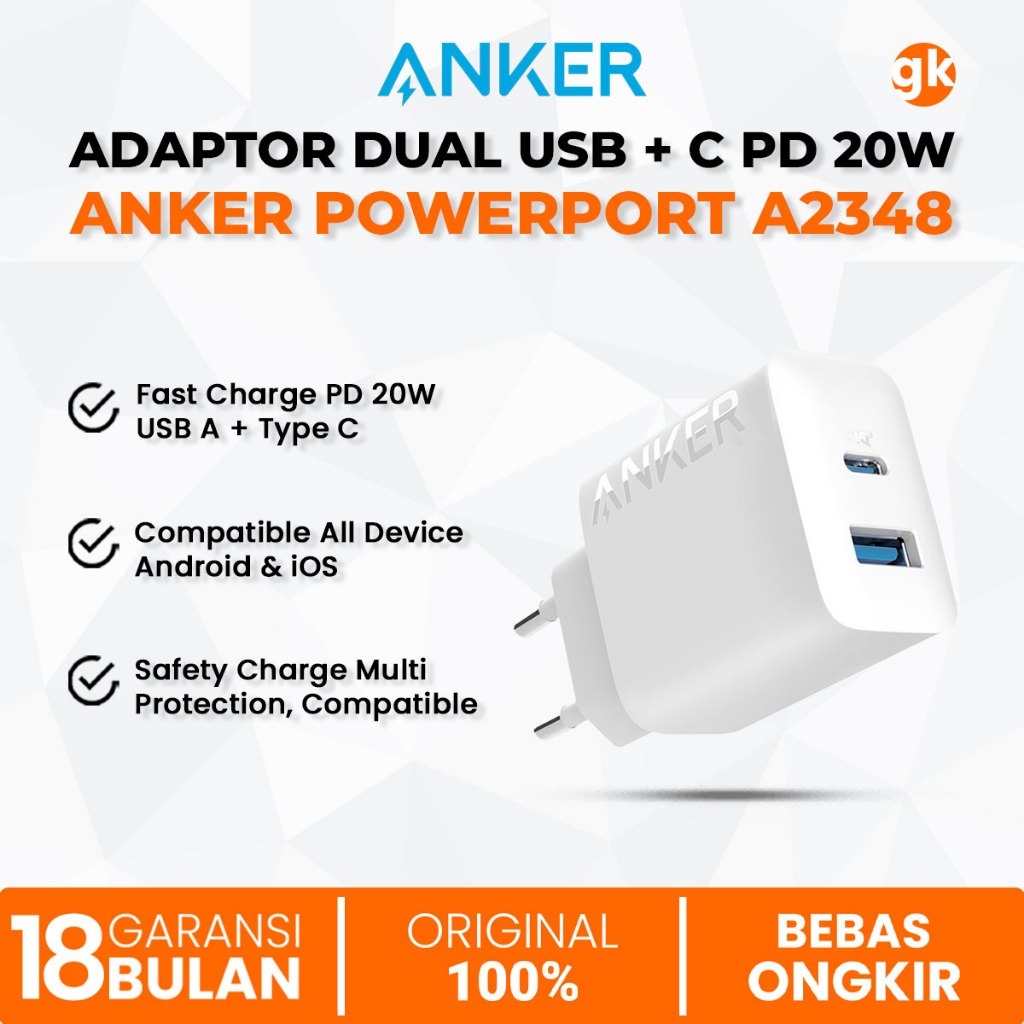 Jual ANKER Powerport Adaptor Fast Charge PD 20W 18W Dual Port USB A Type C A2347 A2348 | Shopee ...