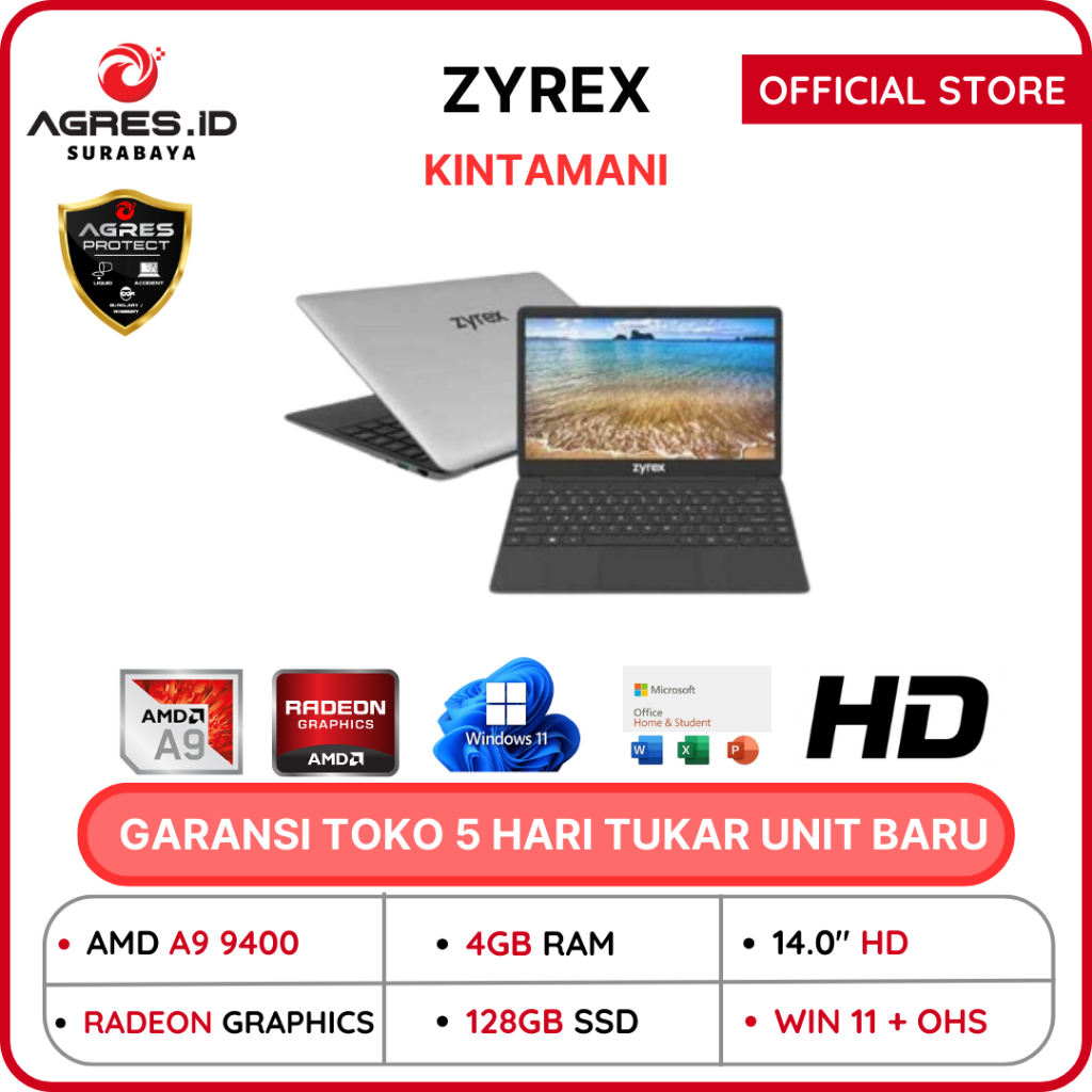 Jual Laptop ZYREX Kintamani AMD A9 9400 RAM 4GB 128GB SSD Windows 10 14.0inch Resmi BNIB ...