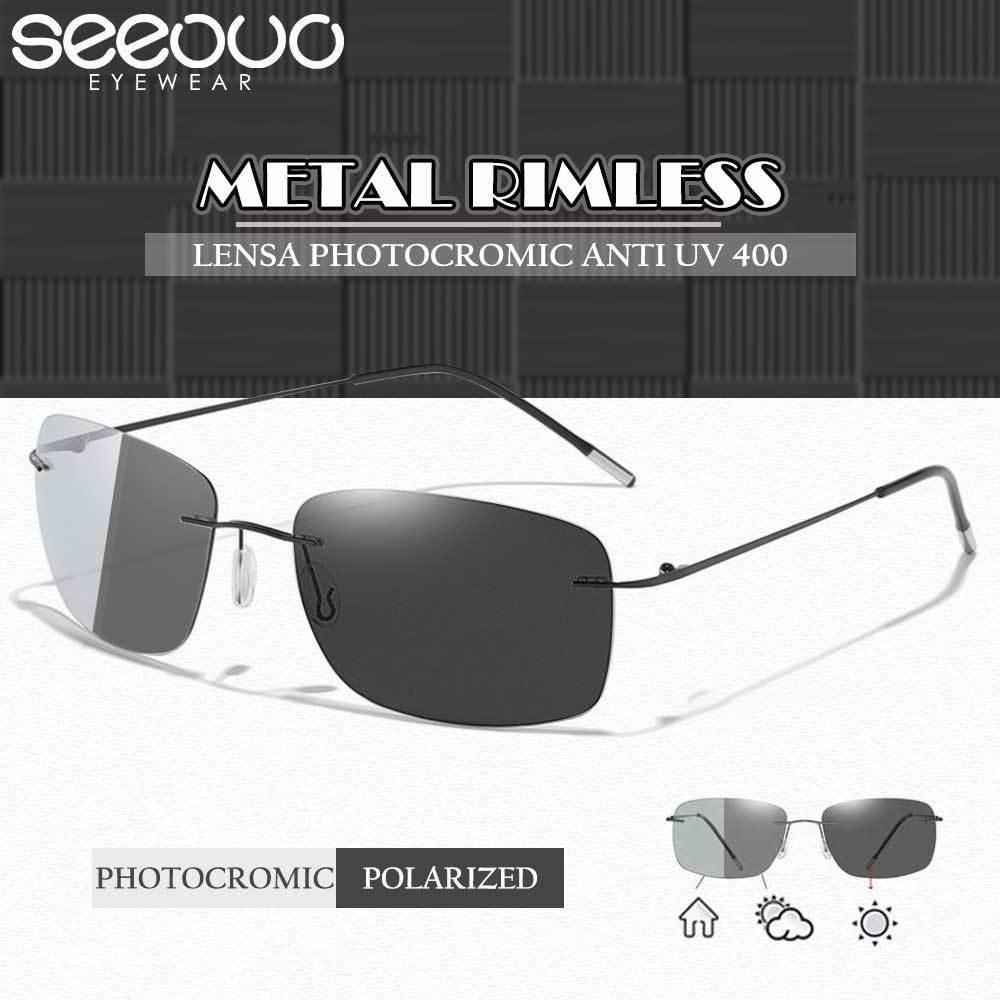 Jual Seeouo Kacamata Photocromic Polarized Lens Rimless Style Anti UV 400 Anti Silau Metal Pria ...