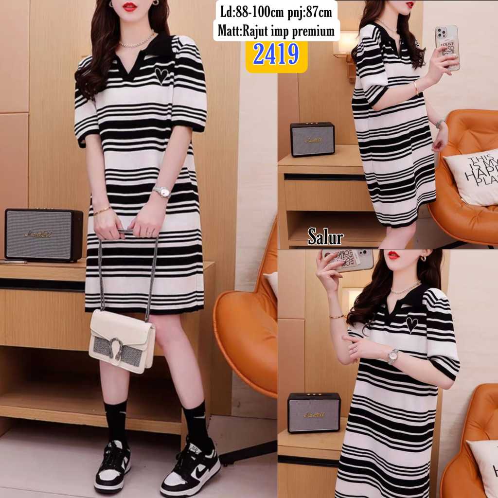 Jual Dress Rajut Pendek Salur 2419/ Baju Dres Kombi Lis Rajut / Dress Panjang Terbaru Kekinian ...