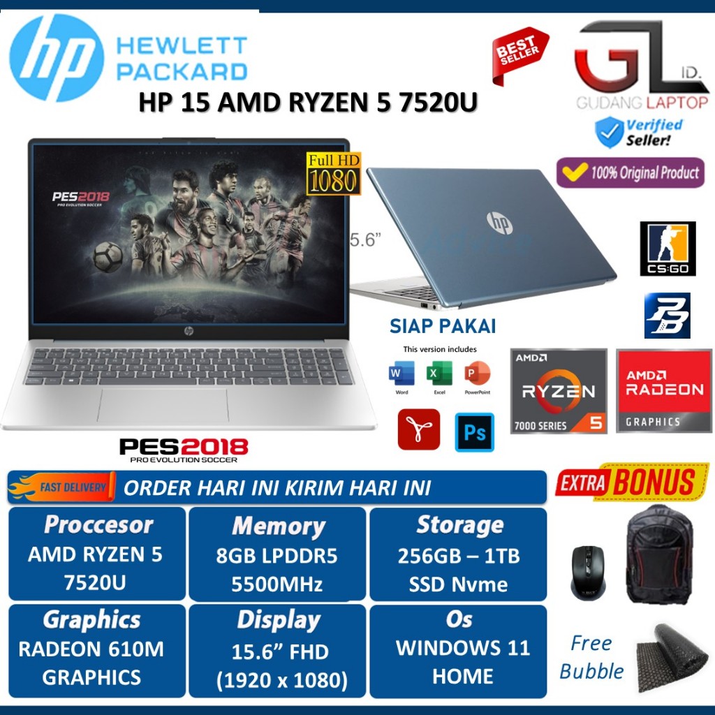 Jual LAPTOP HP 15 AMD RYZEN 5 7520U 8GB DDR5 1TB SSD 15.6 FHD RADEON ...
