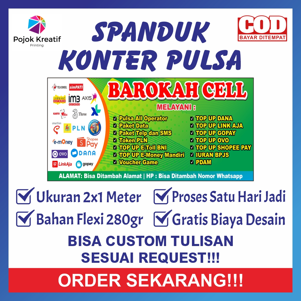 Jual SPANDUK BANNER AGEN KONTER PULSA HP 200x100cm 2x1 Meter CUSTOM REQUEST GRATIS DESAIN POJOK ...