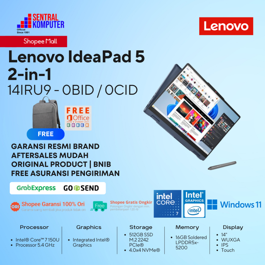 Jual Lenovo Ideapad 5 2 in 1 Core 7 150U 16GB 512GB 14" WUXGA IPS W11 OHS | Shopee Indonesia