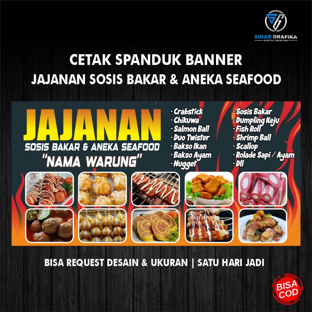 Jual Spanduk Jajanan Seafood & Sosis Bakar, Desain Custom | Shopee ...