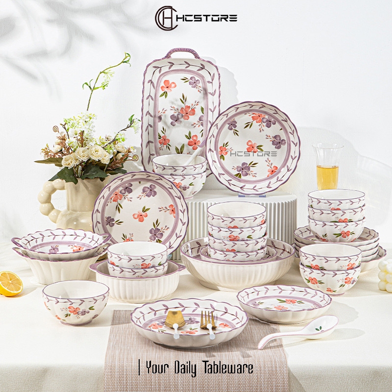 Jual HCSTORE PIRING KERAMIK MAKAN MOTIF PURPLE FLOWERS PIRING AESTHETIC ...