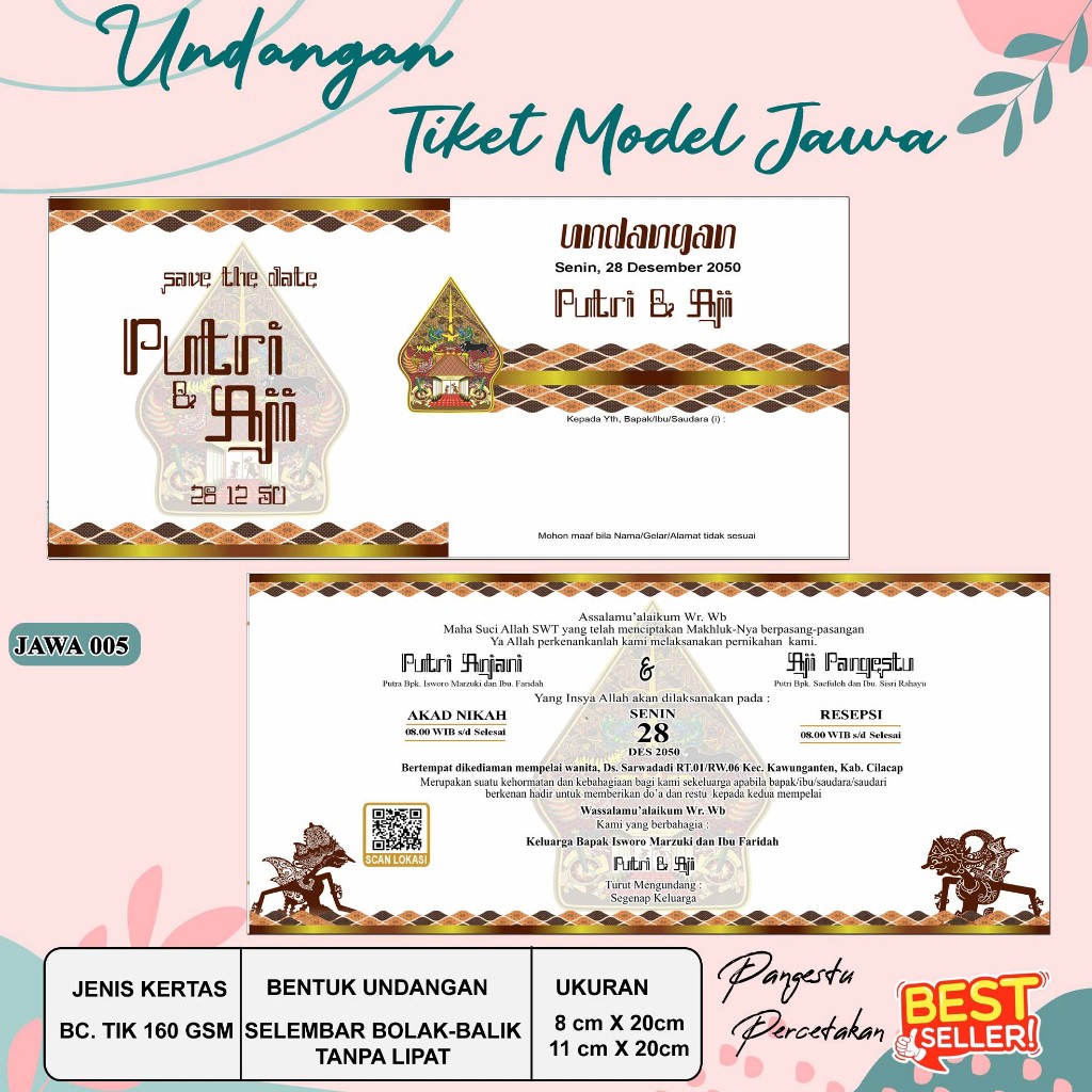 Jual UNDANGAN PERNIKAHAN MODEL TIKET VERSI JAWA, UNDANGAN SIMPEL ...