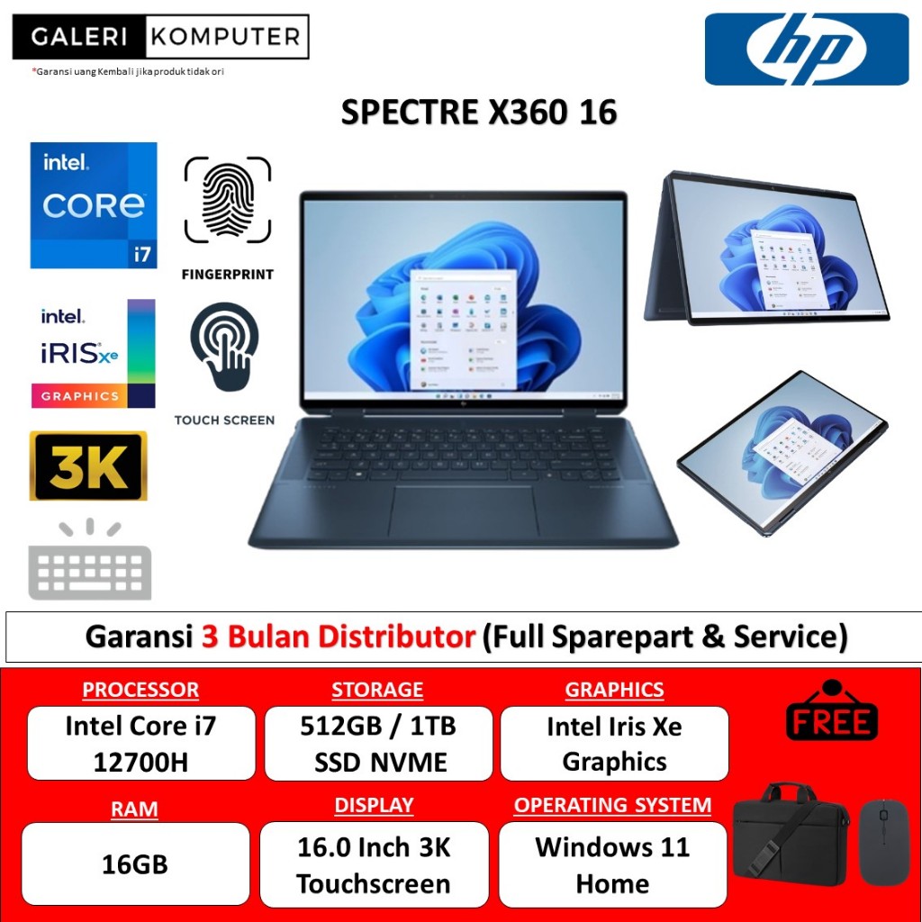 Jual HP SPECTRE X360 16 intel i7 12700H Ram 16GB 1TB SSD 16" 3K ...