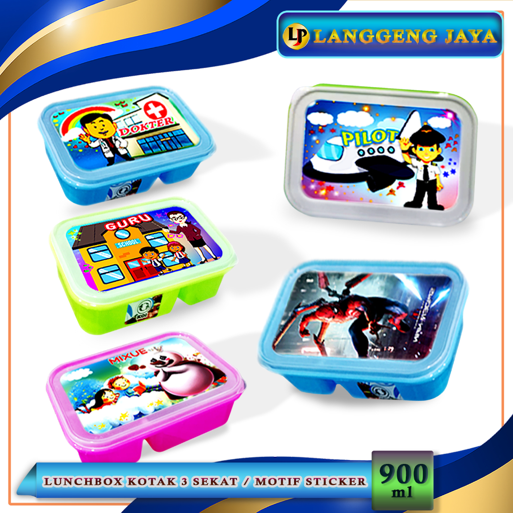 Jual Lunch Box Plastik Sekat 3 Lunch Box Pelangi plus motif Sticker ...