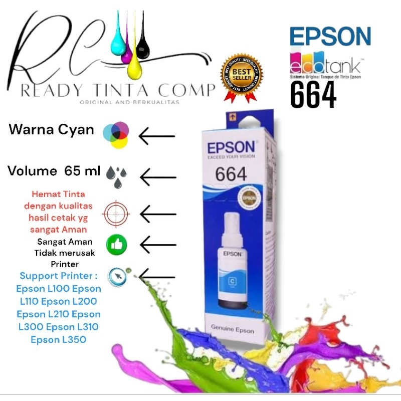 Jual Tinta Epson 664 Original CYAN L100, L110, L200 | Shopee Indonesia