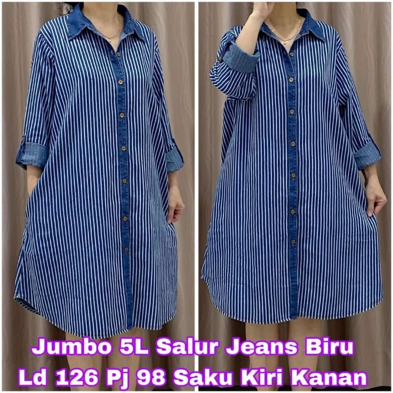 Jual Dress tunik jeans denim motif salur jumbo 3L-5L | Shopee Indonesia