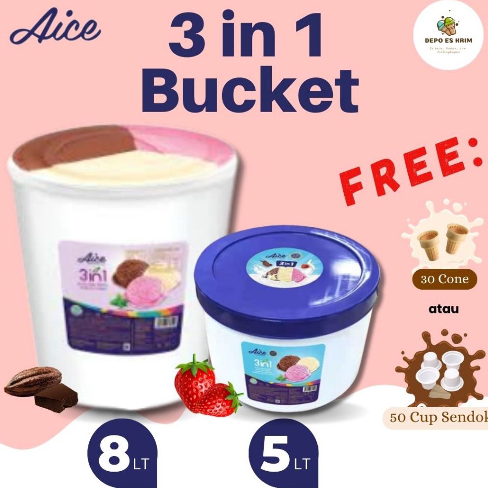 Jual Restock Es Krim AICE Bucket 8 liter 5 liter 3 in 1 Neapolitan Vanilla Coklat Gratis Cone ...