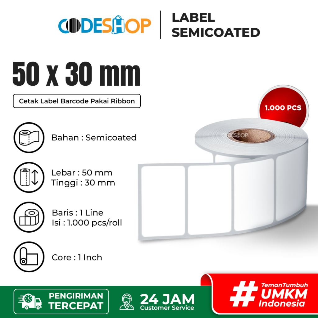 Jual Label Semicoated 50 x 30 mm Sticker Printer Barcode 50x30 mm - 1 ...