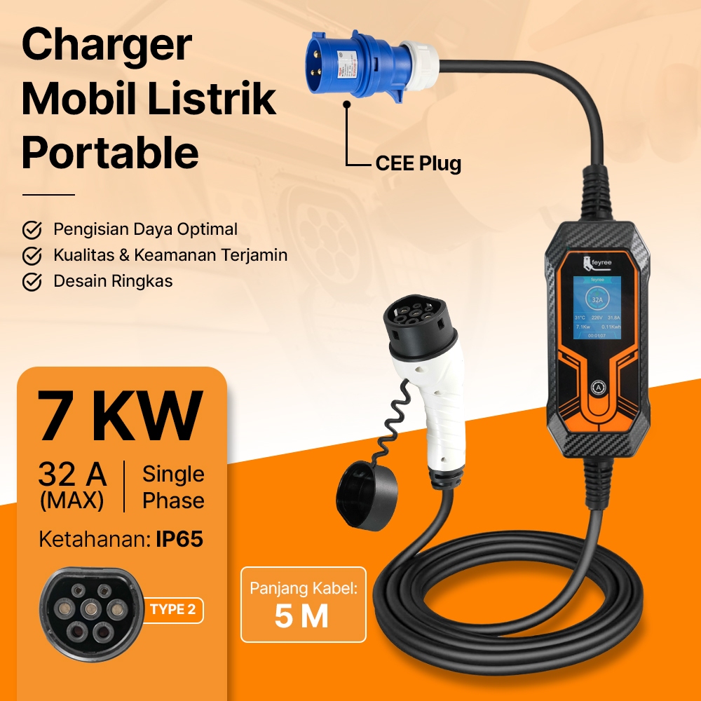 Jual Charger Mobil Listrik Portable EV 1-Phase 32A 7KW CEE Type 2 Hitam ...