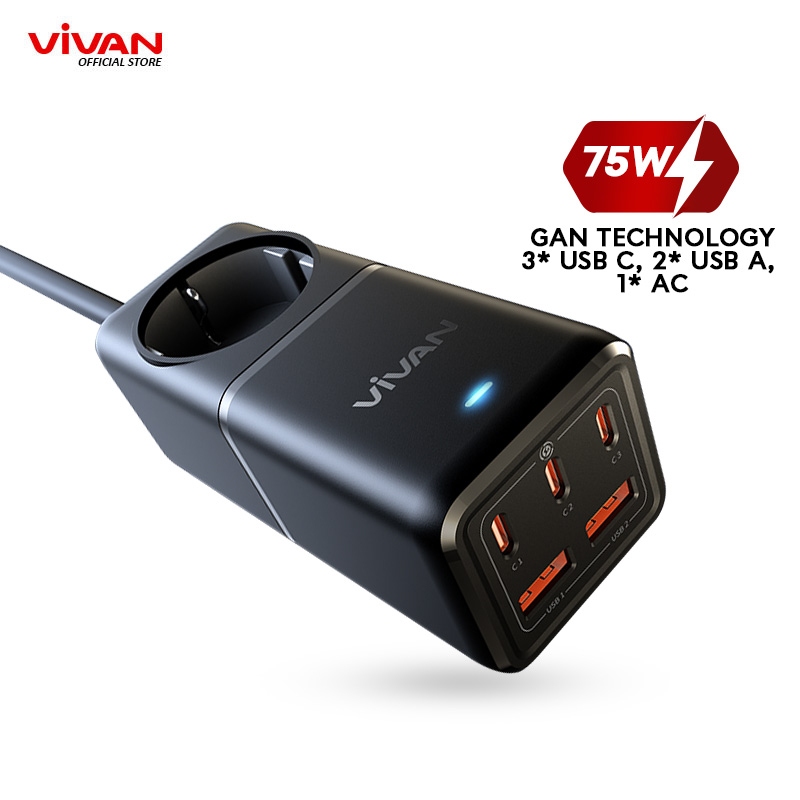 Jual VIVAN VPS-T Series Travel Adaptor Fast Charging GaN 75W 5A ...