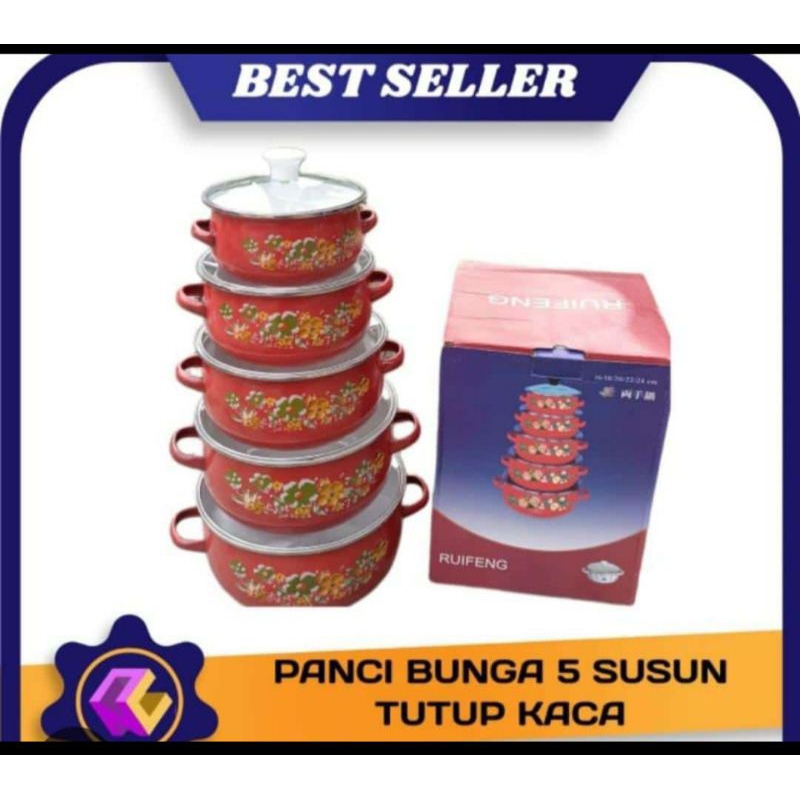 Jual Panci Set Enamel 5 Susun Tutup Kaca / Panci 5 SET Motif Bunga 16 ...
