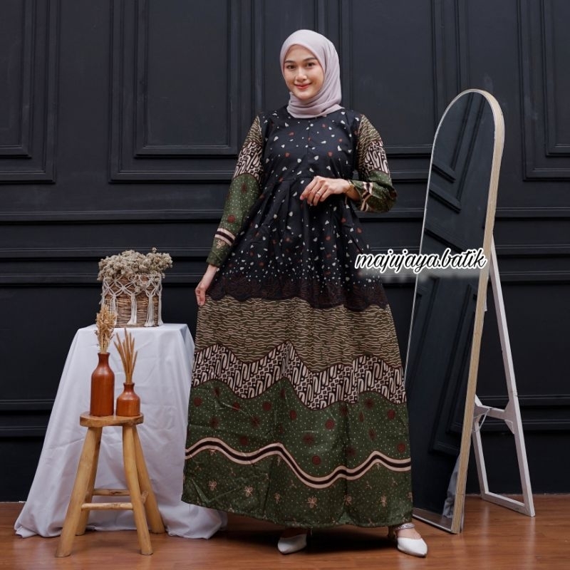 Jual MS GAMIS BATIK SRIWEDARI MAXI BUMIL/BUSUI KATUN SOGAN ALLSIZE & JUMBO MOTIF METEOR HIJAU ...