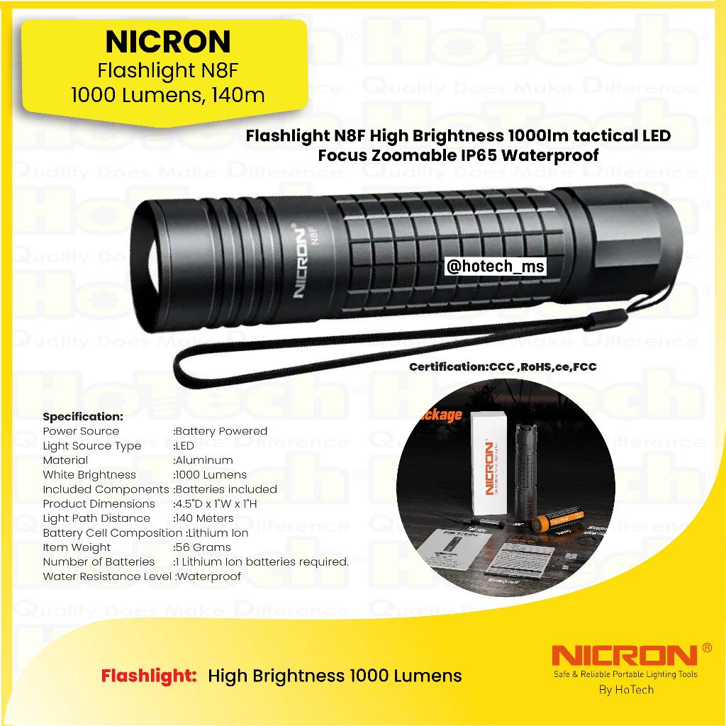 Jual Nicron Flashlight 1000 Lumens Tactical LED with Focus Zoomable ...