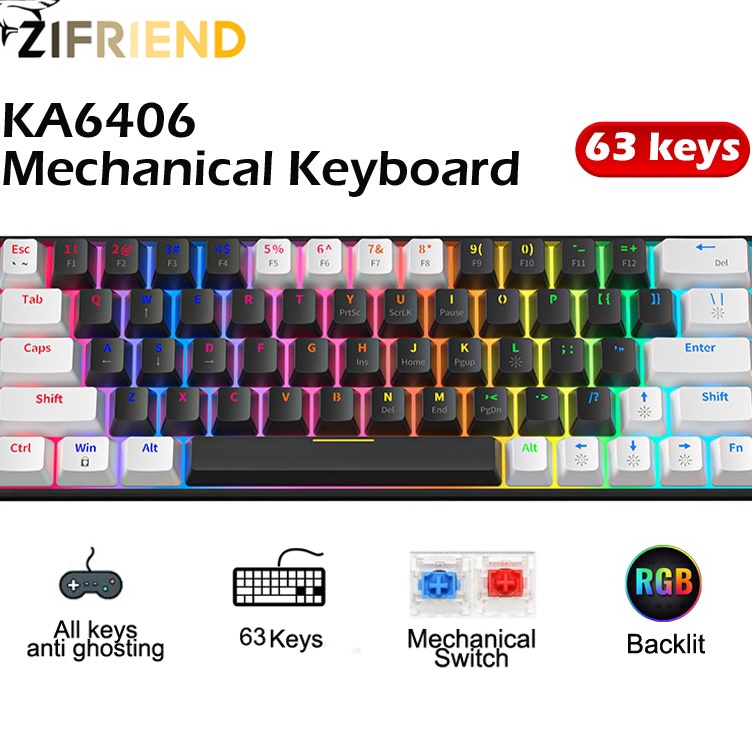 Jual Klasik ZIFRIEND KA646 63 Keys RGB Backlit Wired Black Mechanical ...