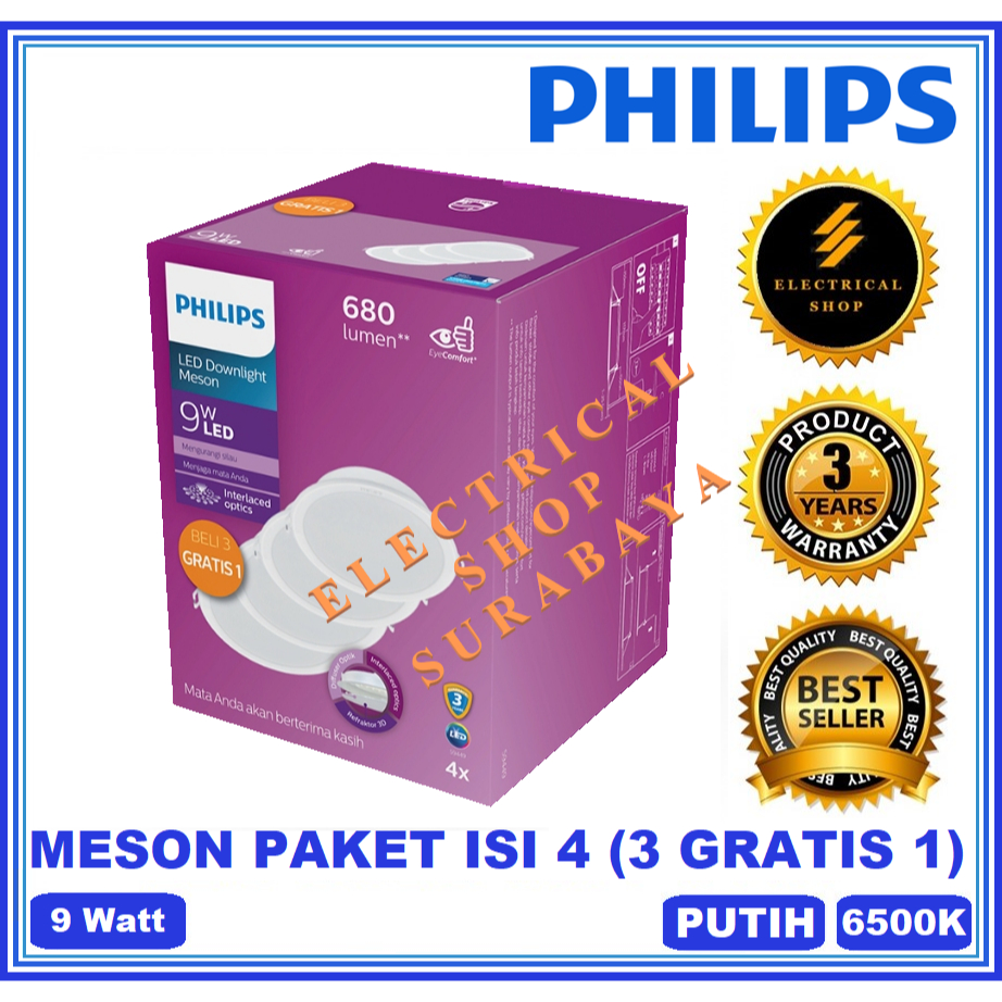 Jual PAKET ISI 4 PHILIPS DOWNLIGHT LED MESON PAKET 9W 9 WATT 105 6500K PUTIH 59449 MULTIPACK ...