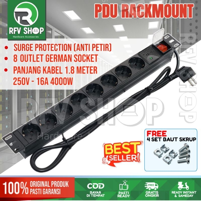 Jual Power Distribution Unit PDU Rackmount Server 8 Outlet 16A 4000W Surge Protection Anti Petir ...