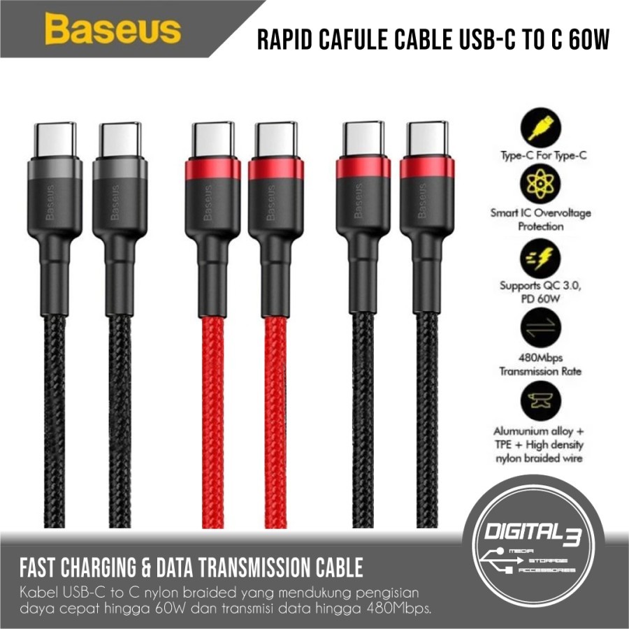 Jual Baseus Rapid Cafule Cable Data USB-C to C Kabel 60W PD2.0 Nylon ...