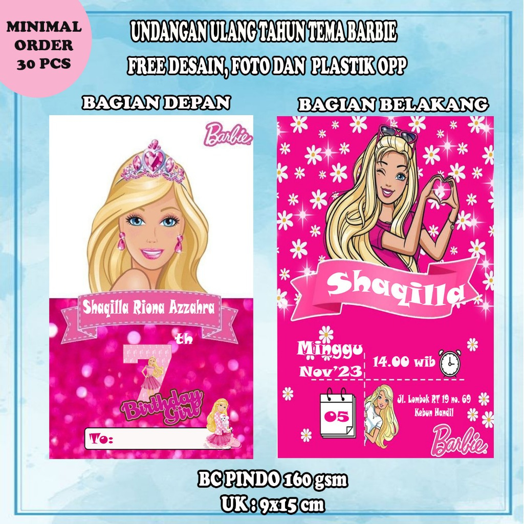 Jual UNDANGAN ULANGTAHIN ANAK CUSTOM MURAH DAN CEPAT (TEMA BARBIE ...
