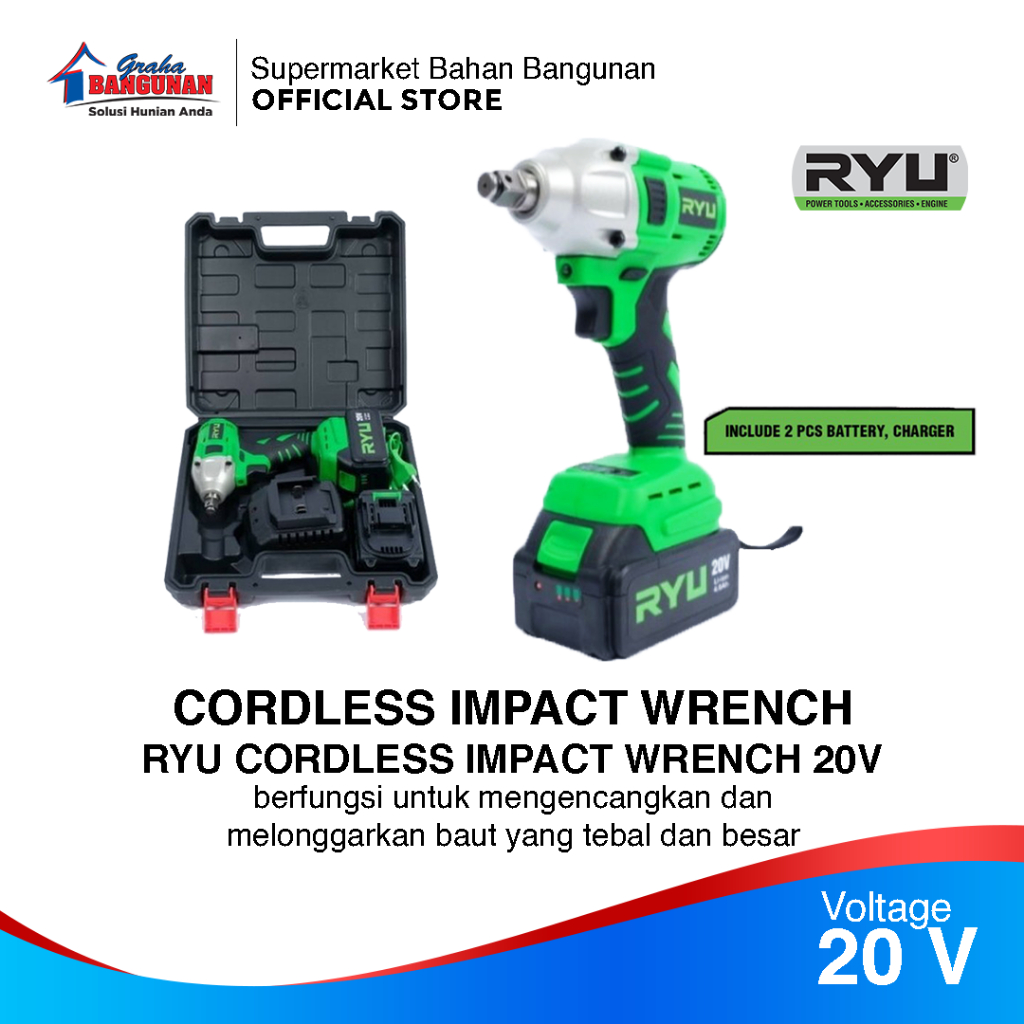 Jual Bor Pembuka Baut RYU Cordless Impact Wrench RCW 20V - BOR BATERAI ...