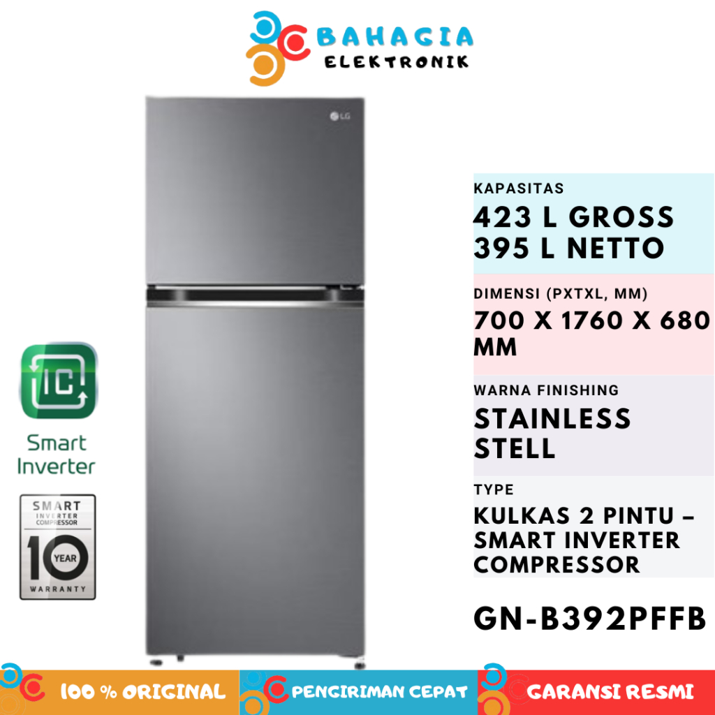Jual LG GN-B392PFFB Kulkas 2 Pintu Terbaru 423L Gross, 395L Nett, Inverter | Shopee Indonesia