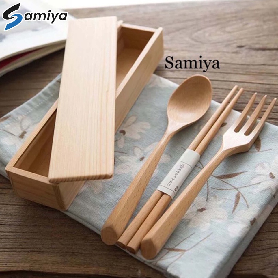 Jual Paket alat makan set sendok garpu sumpit kayu dengan kotak box ...
