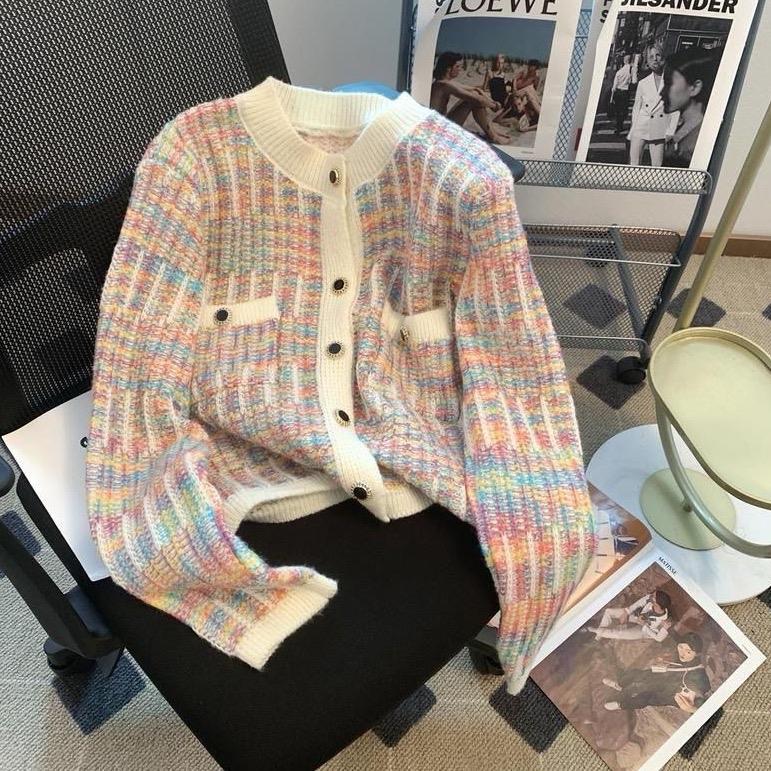 Jual Cardigan Rajut Rainbow Baju Knitwear Wanita Panjang Motif Pelangi Atasan Outer Oversize ...