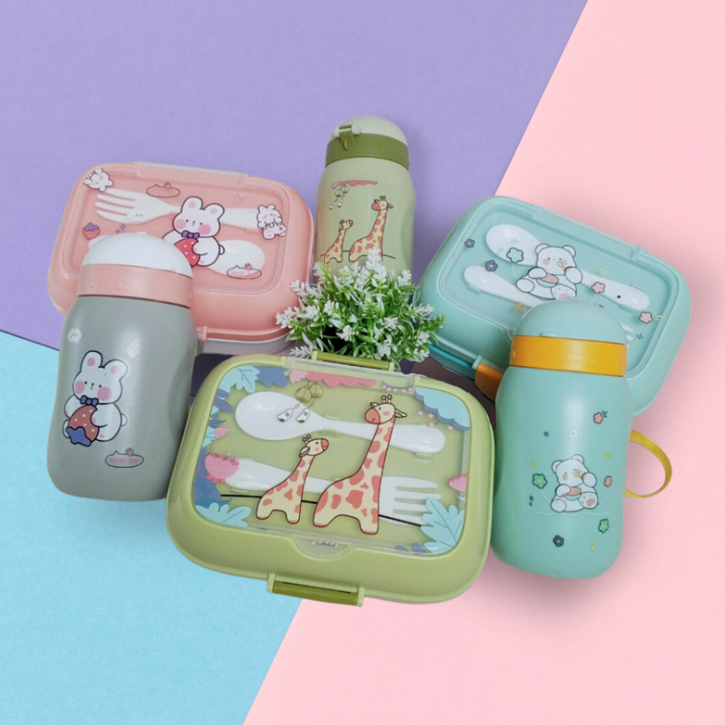 Jual Set Botol Minum dan Kotak Makan Anak Motif Karakter Lucu BPA Free 2 Tingkat Bonus Sendok ...