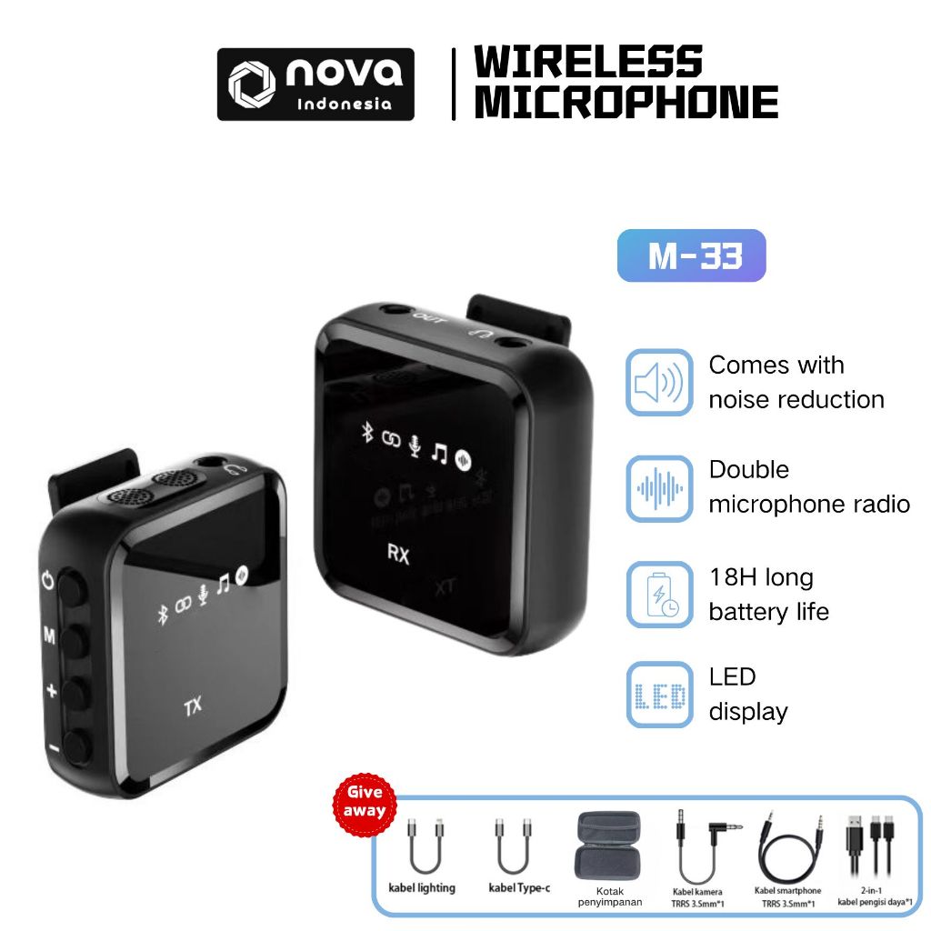 Jual Nova M33 Wireless Lavalier Microphone Compatible with iPhone/iPad ...