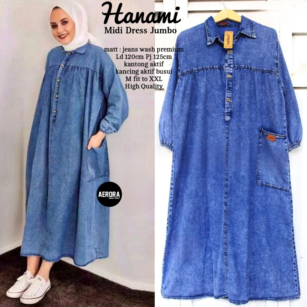 Jual Aerora Baju Dress Jumbo Hanami Midi Jeans Wanita Big Size Terbaru Kekinian 2025 Long Tunik ...