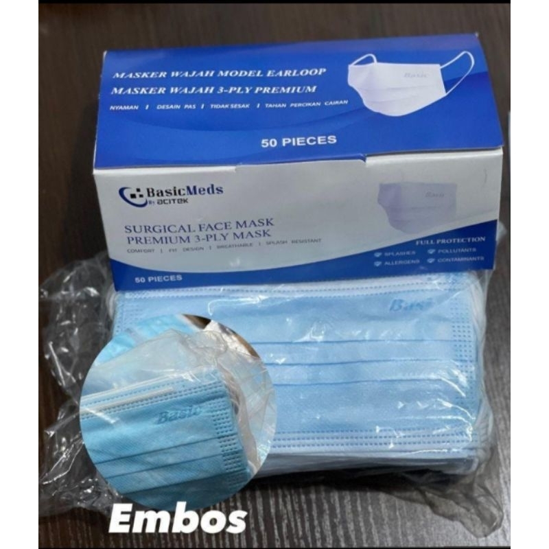 Jual Masker Earloop Biru BasicMeds Embos Basic 3 ply isi 50 pcs ...