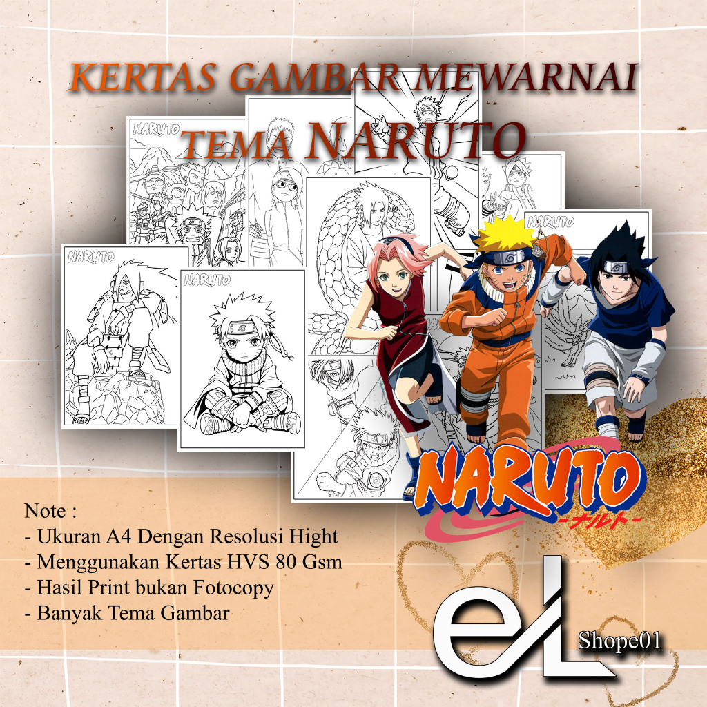 Jual 25 - 50 Lembar Kertas Gambar Mewarnai Tema NARUTO Hvs 80 Gsm ...
