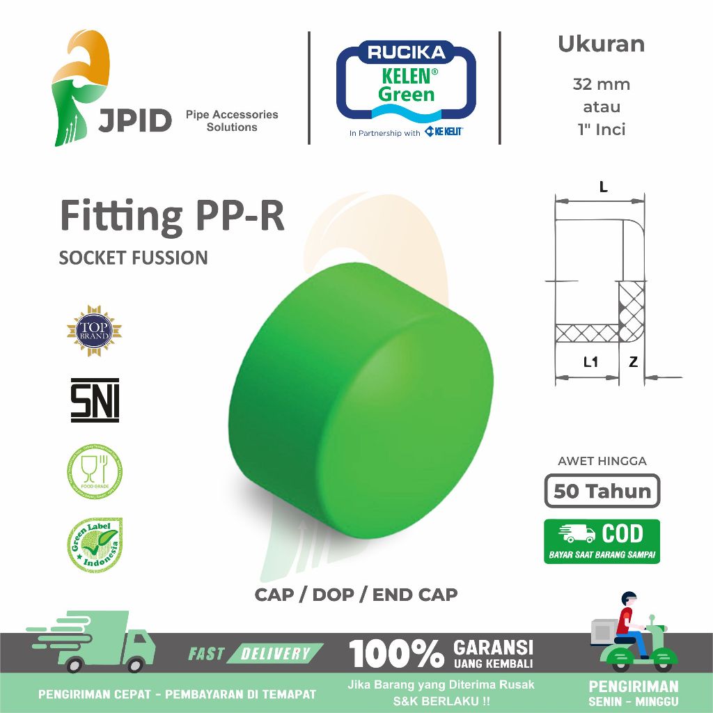 Jual Fitting PPR Cap 32 mm | Dop PPR 32 mm ~ 1" Inci Rucika Kelen Green ...