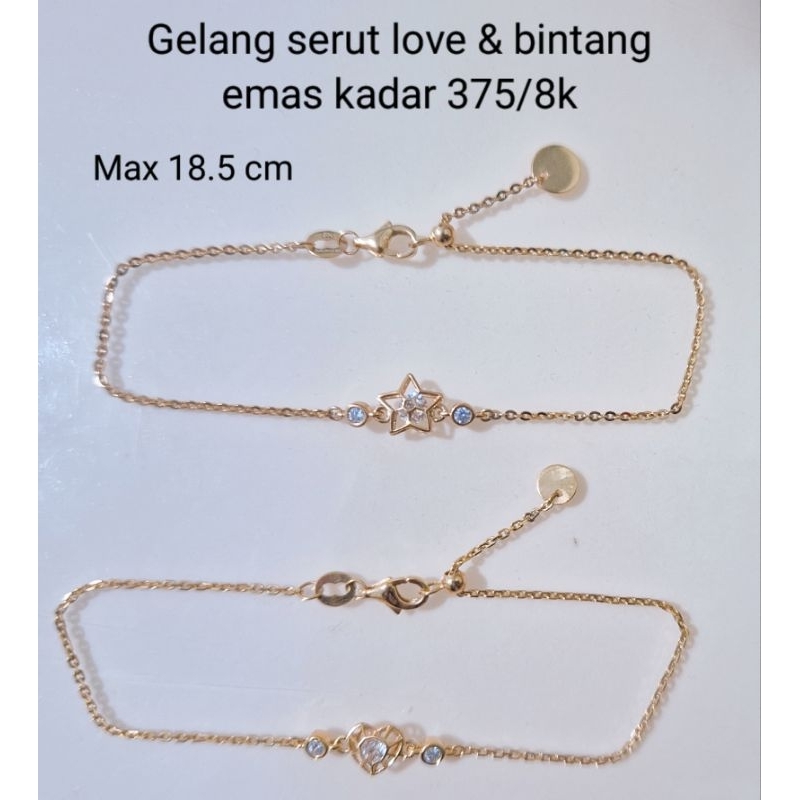Jual Gelang serut emas love dan bintang kadar 375/8k (Max 18.5cm ...