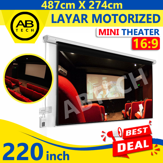 Jual Screen Projector Motorized 220" Ratio 16:9 - Remote Otomatis 220 ...
