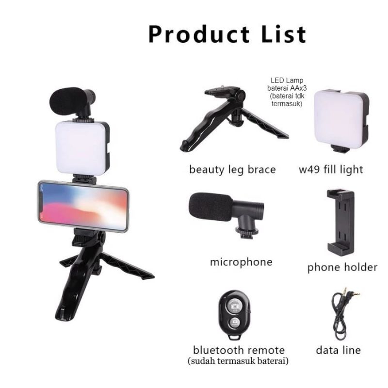 Jual VLOGGING KIT PAKET VLOG 5IN1 TRIPOD, PHON HOLDER, MICROPHONE ...